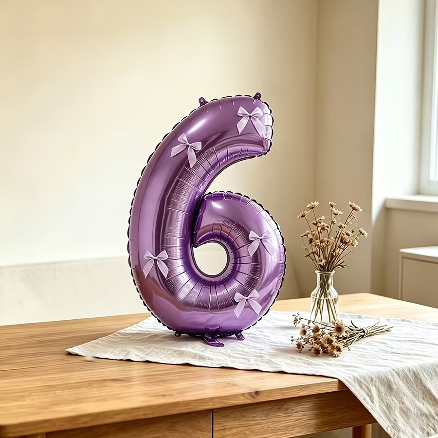 Фольгированный шар-цифра 6, фиолетовый, 32 дюйма; набор для праздника с клейким листом и 5 атласными лентами