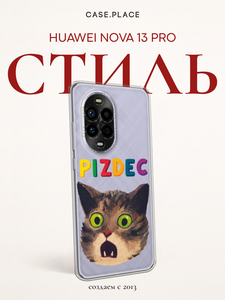 Чехол на Huawei Nova 13 Pro / Хуавей Нова 13 Про с принтом Испуганный котик с надписью, прозрачный