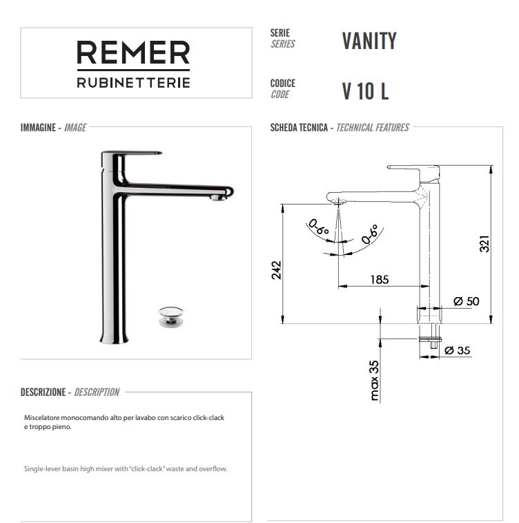 Смеситель для раковины с донным клапаном REMER VANITY V10LBG brushed gold