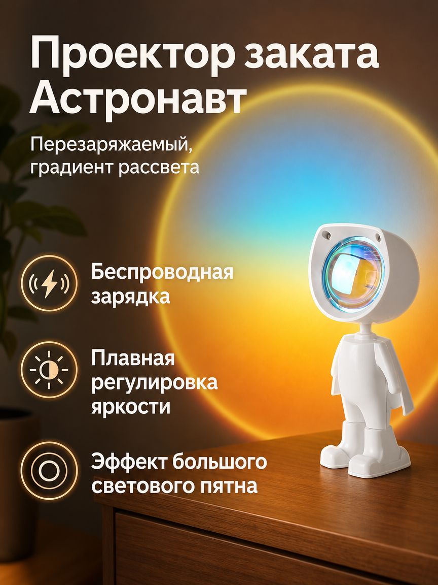 Светильник-астронавт с проекцией рассвета, регулируемый USB-светильник с сенсорным управлением и плавной регулировкой яркости, 7 Вт, цвет рассвета