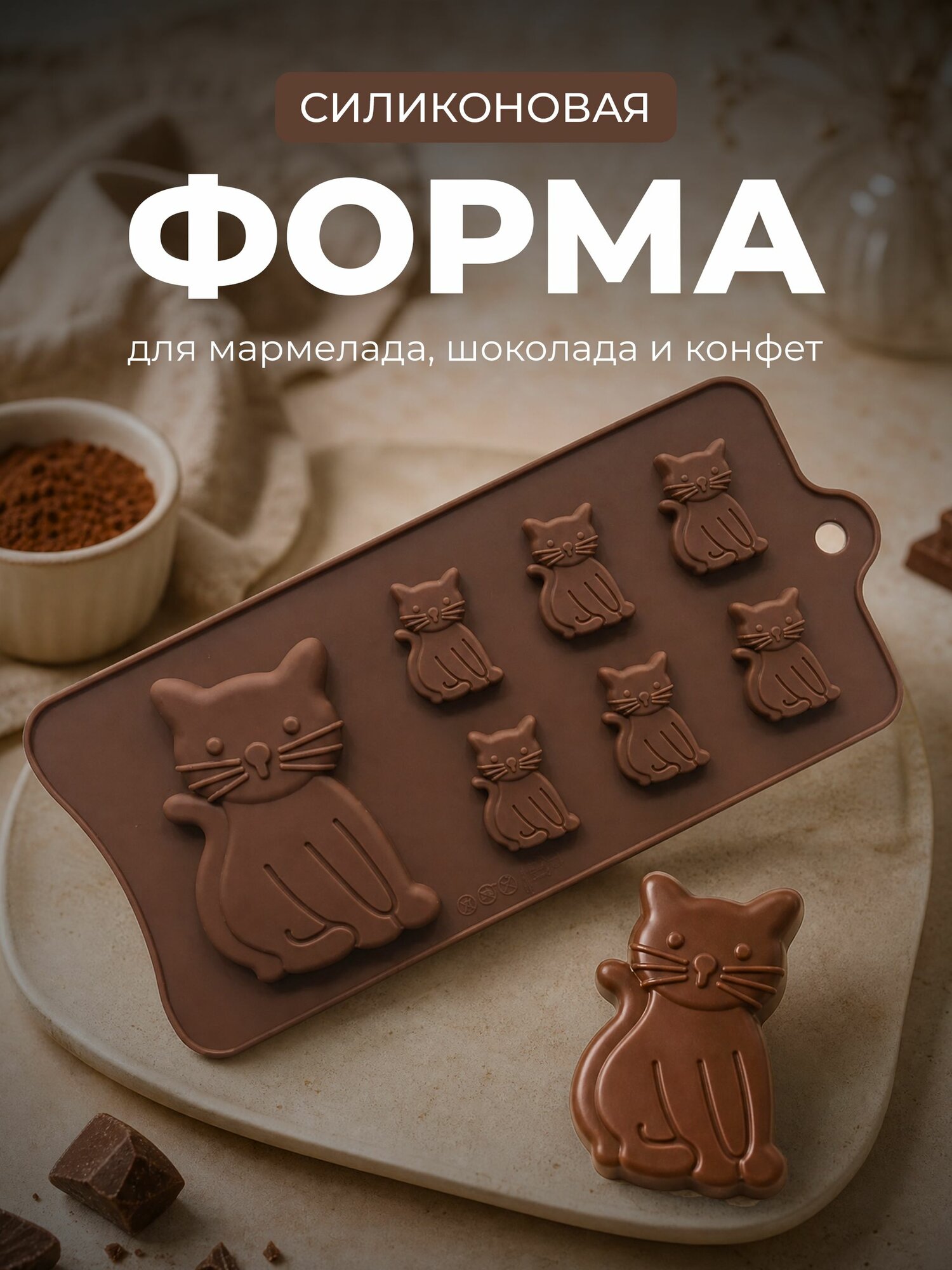 Силиконовая форма кондитерская для выпечки, мармелада, шоколада и конфет в форме животных, кошка и котята Lianhouse