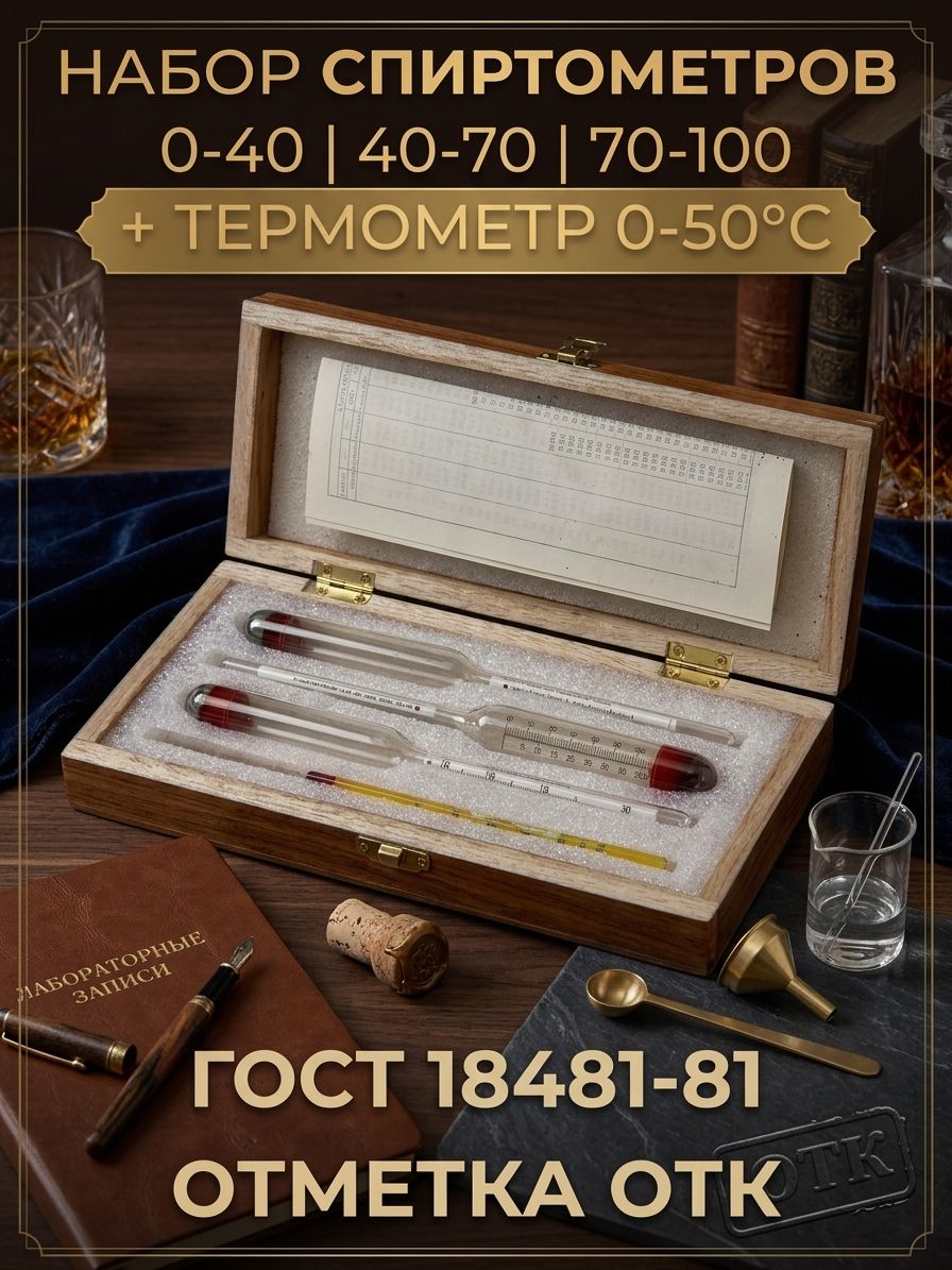Набор спиртометров в деревянном футляре АСП-3 0-40%, 40-70%, 70-100% + Термометр ГОСТ 18481-81. Спиртометр, Ареометр