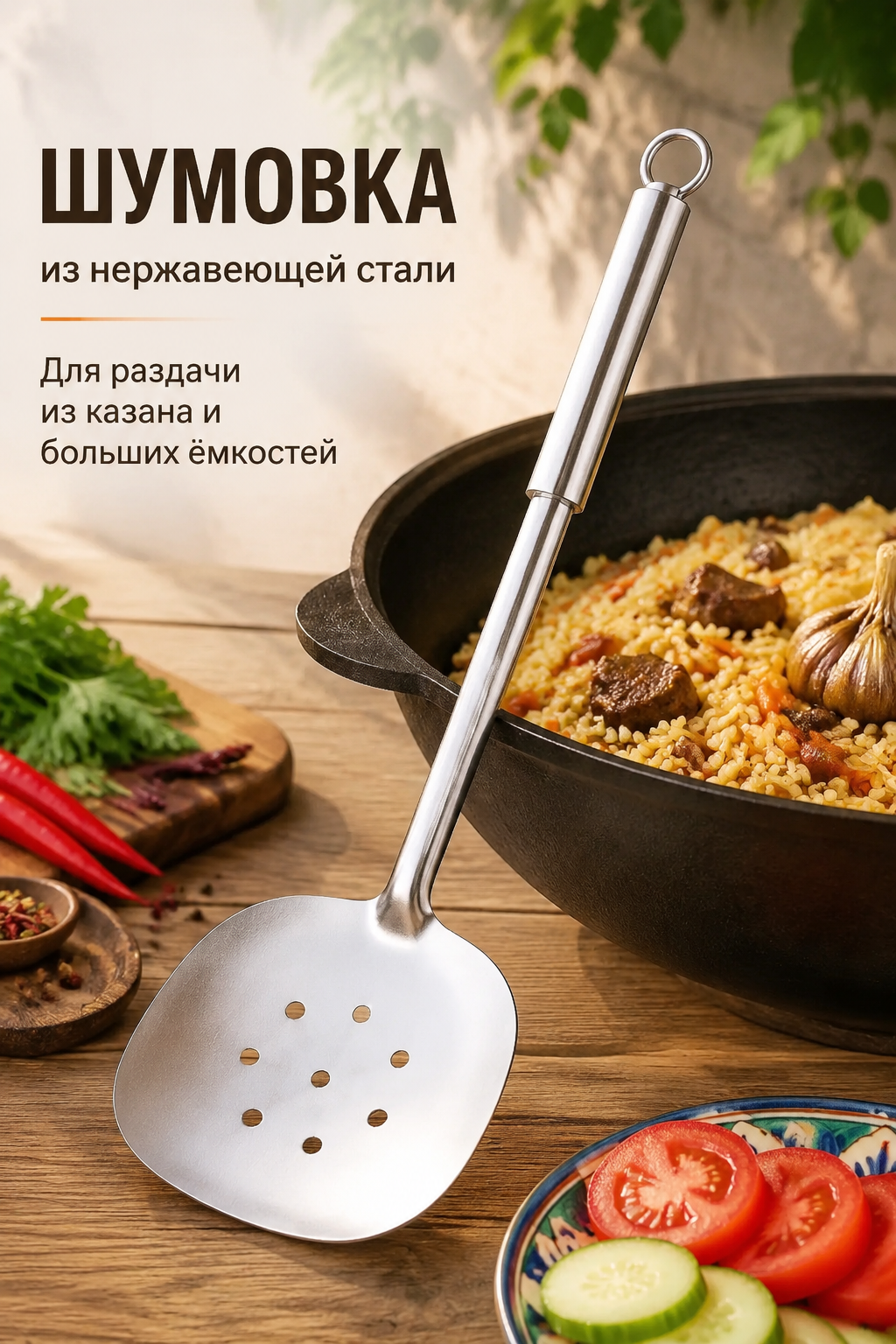 Шумовка из нержавеющей стали для раздачи из казана, 21 см