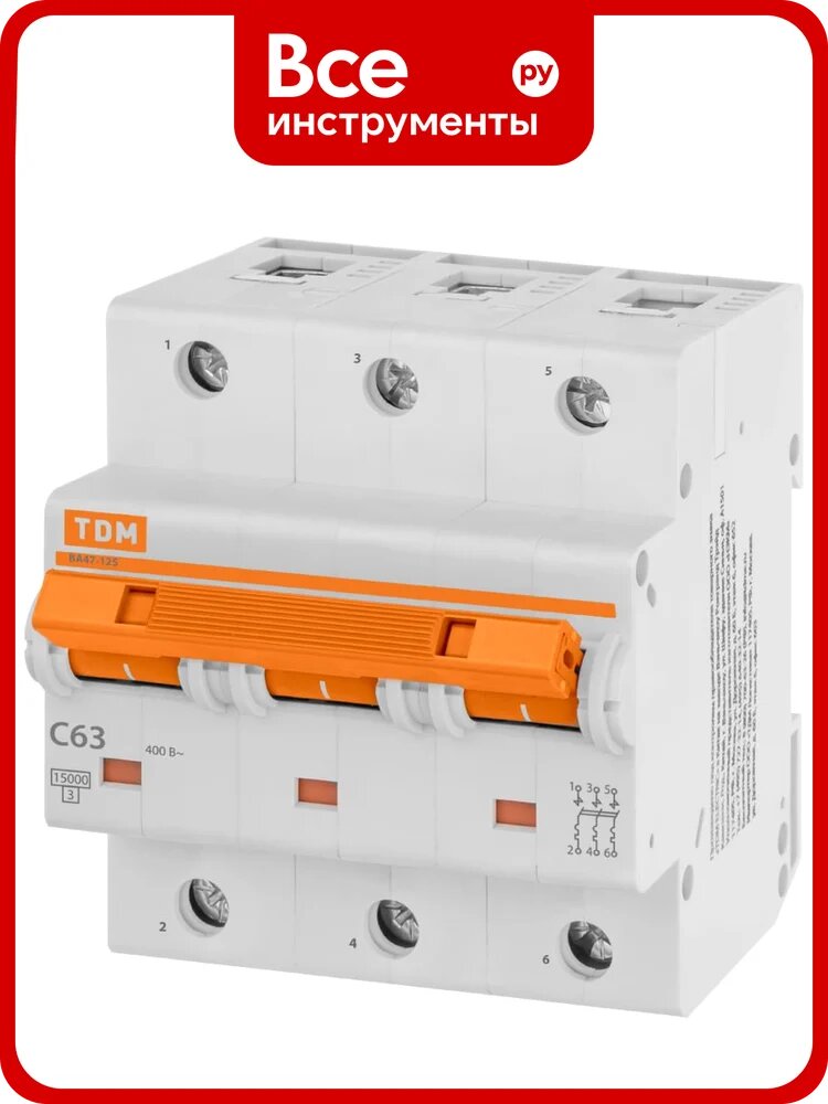 Автоматический выключатель TDM ELECTRIC ВА47-125 3Р 63А 15кА х-ка С SQ0208-0081