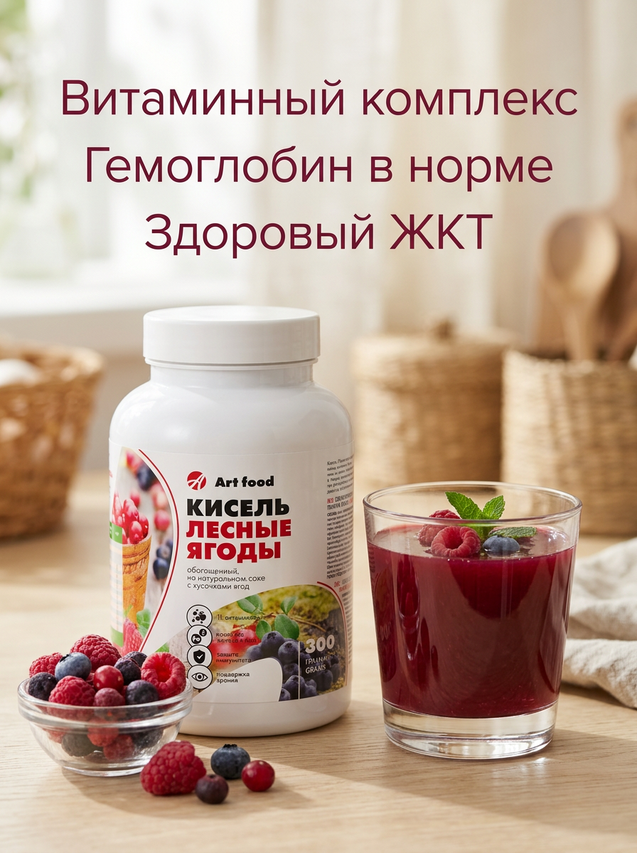 Кисель Лесные ягоды на натуральном соке Арт Лайф с кусочками ягод, обогащен витаминами и минералами, 300 гр.