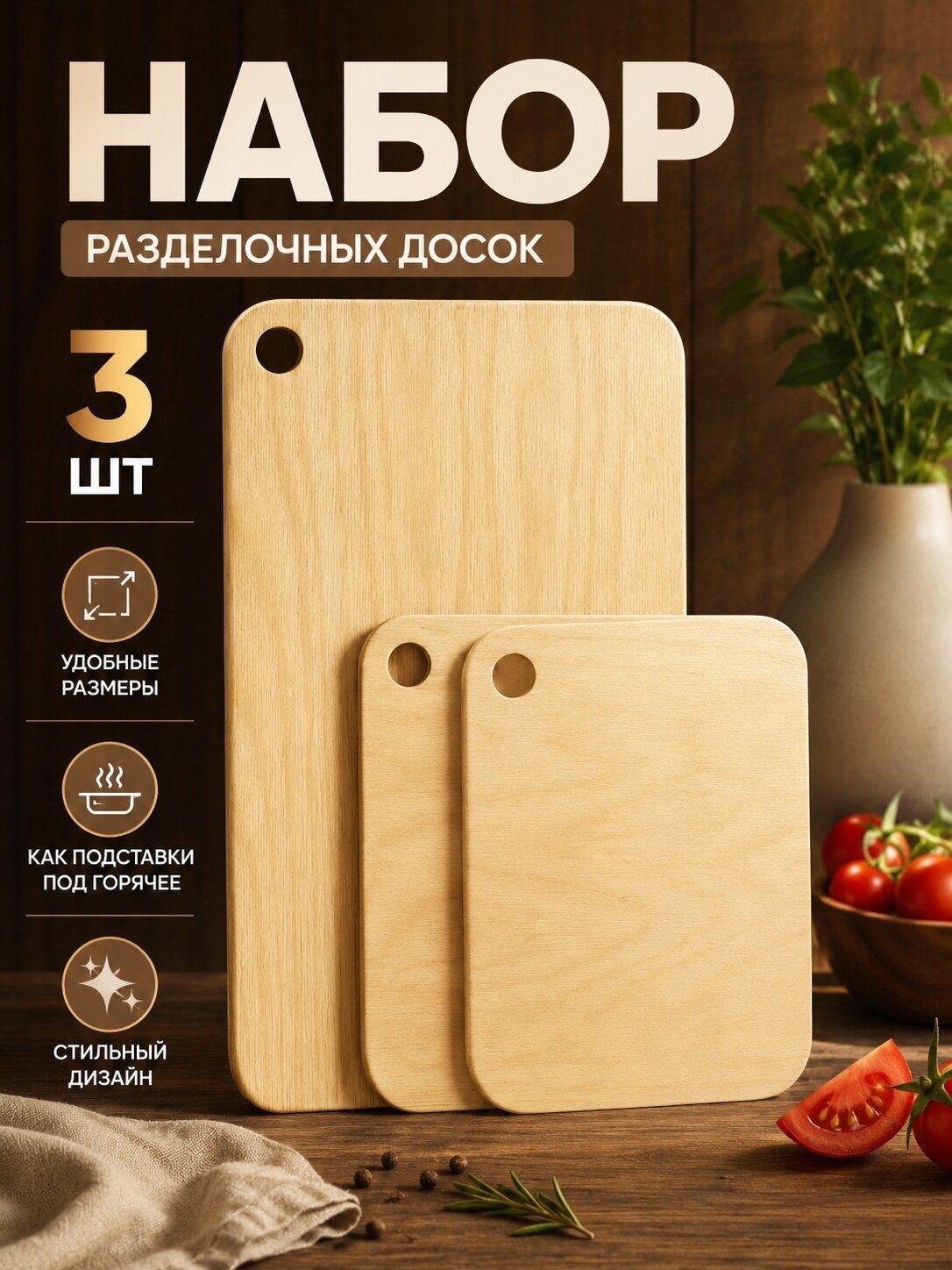 Разделочная доска, набор 3 шт, 36х21 см, 21х18 см, деревянные