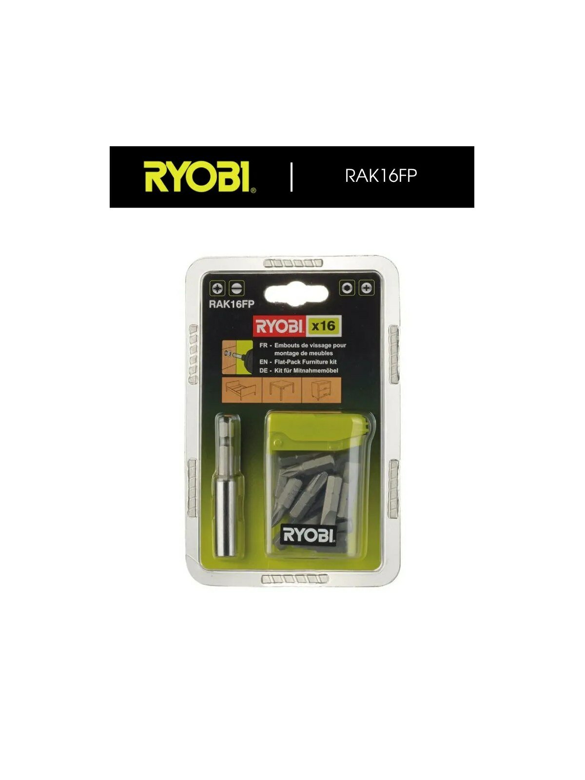 Набор бит для сборки мебели 16шт Ryobi RAK16FP с магнитным держателем в кейсе арт. 5132002679