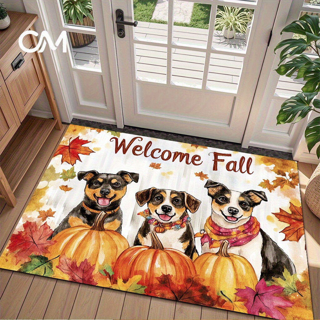 Утолщённый бархатный коврик с принтом трёх щенков в шарфах и надписью Welcome Fall, нескользящий напольный ковёр для дома, прихожей, гостиной, спальни, дивана и изголовья кровати, размер 47.24×62.99 дюйма