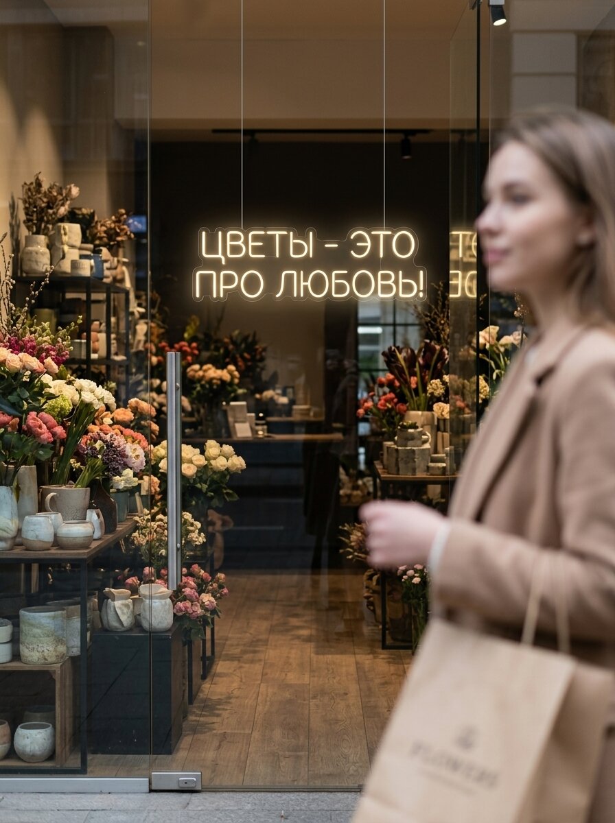 Неоновая вывеска "Цветы это про любовь" 90х30см, неоновая надпись, LED светильник для цветочного магазина