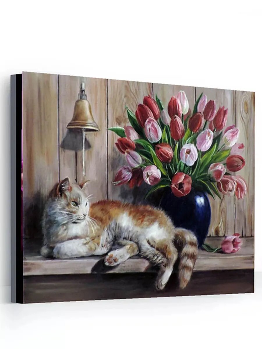 Картина по номерам "Кот и тюльпаны", на холсте на подрамнике, 40 x 50 см
