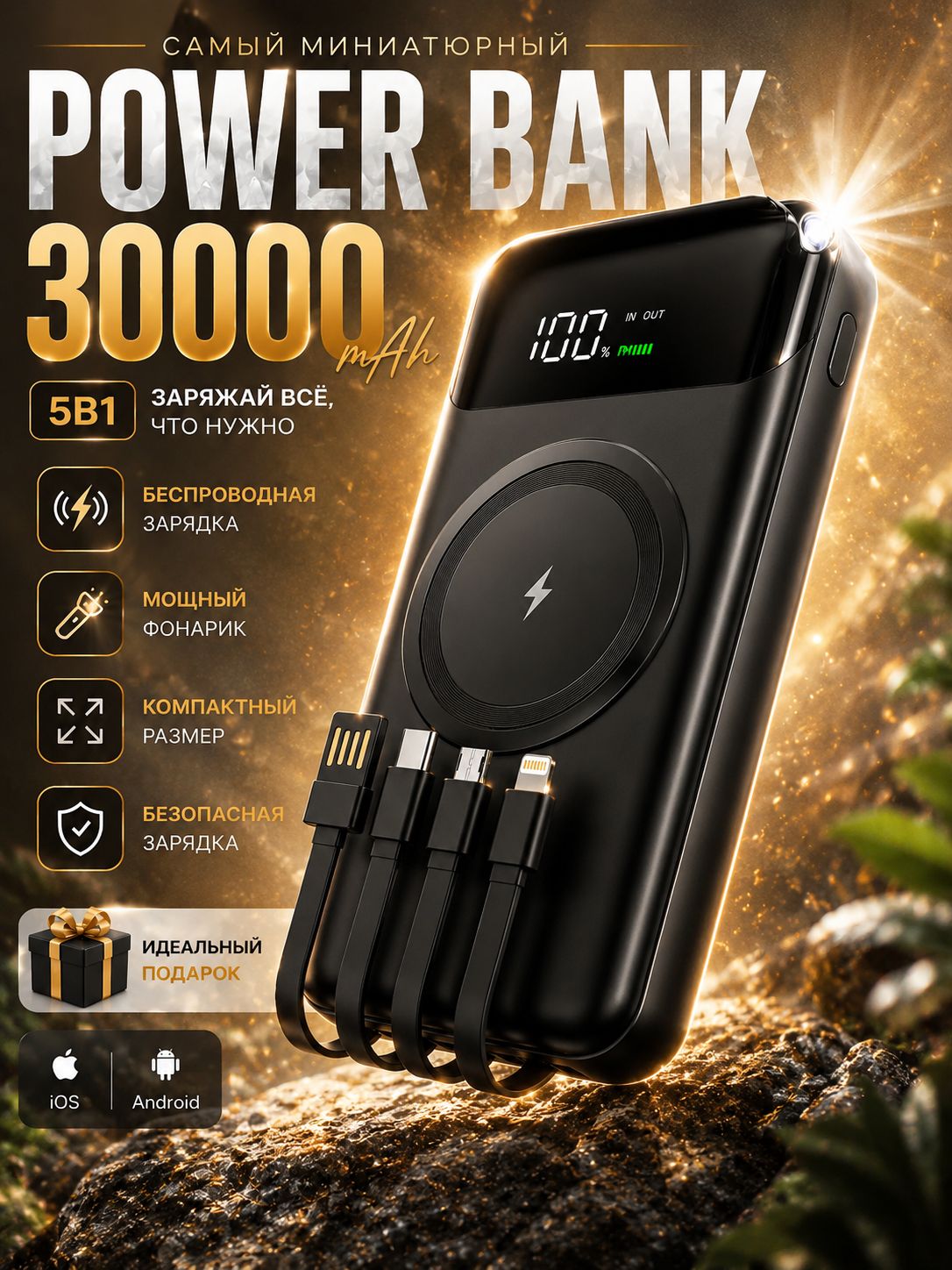 Внешний аккумулятор 30000 mAh, беспроводная зарядка, повербанк