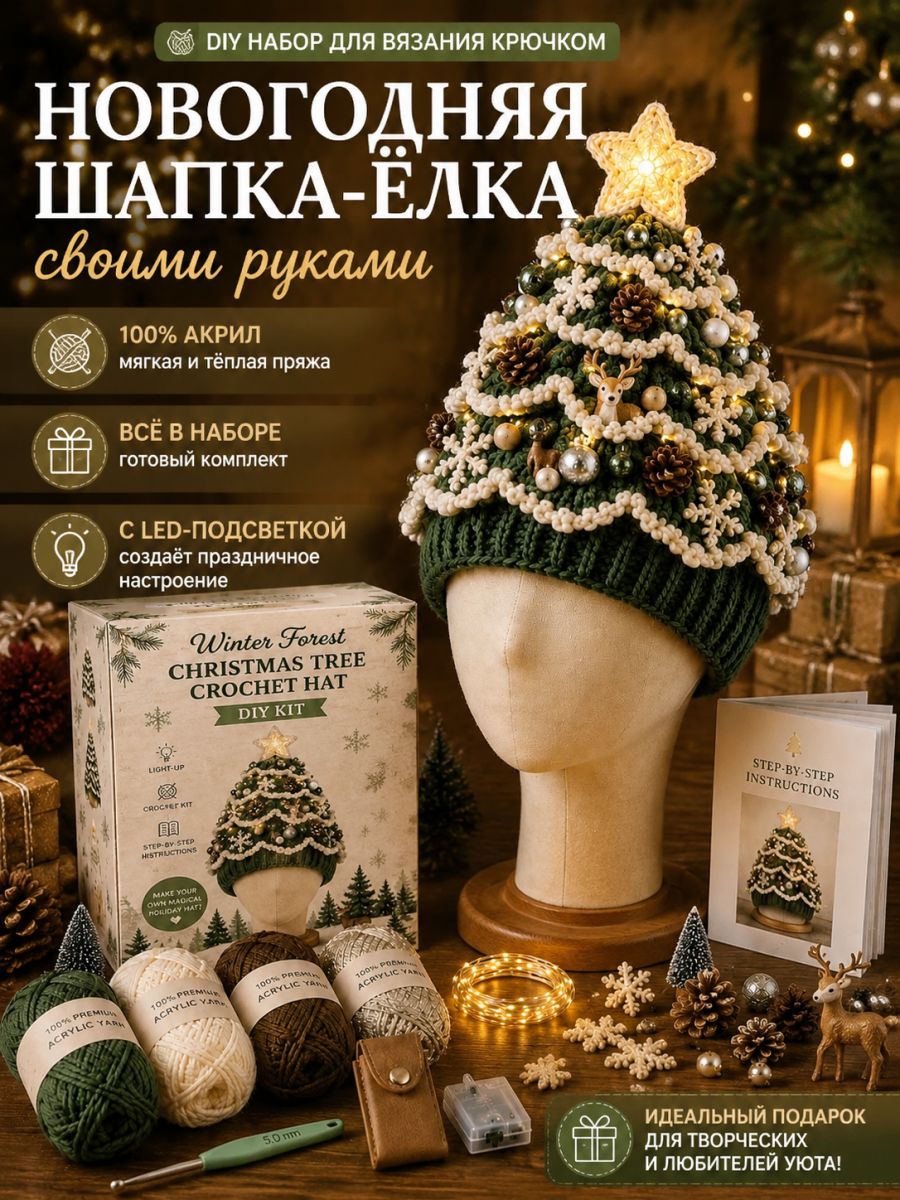 Набор для вязания крючком Ёлка-шапка , с LED, пряжа, крючок, DIY, подарок