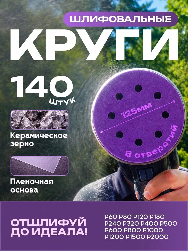 Набор 140 шт круг шлифовальный P60 до Р2000 по 10 шт 125мм 8отв SMOOLAD керамика на пленочной основе под липучку