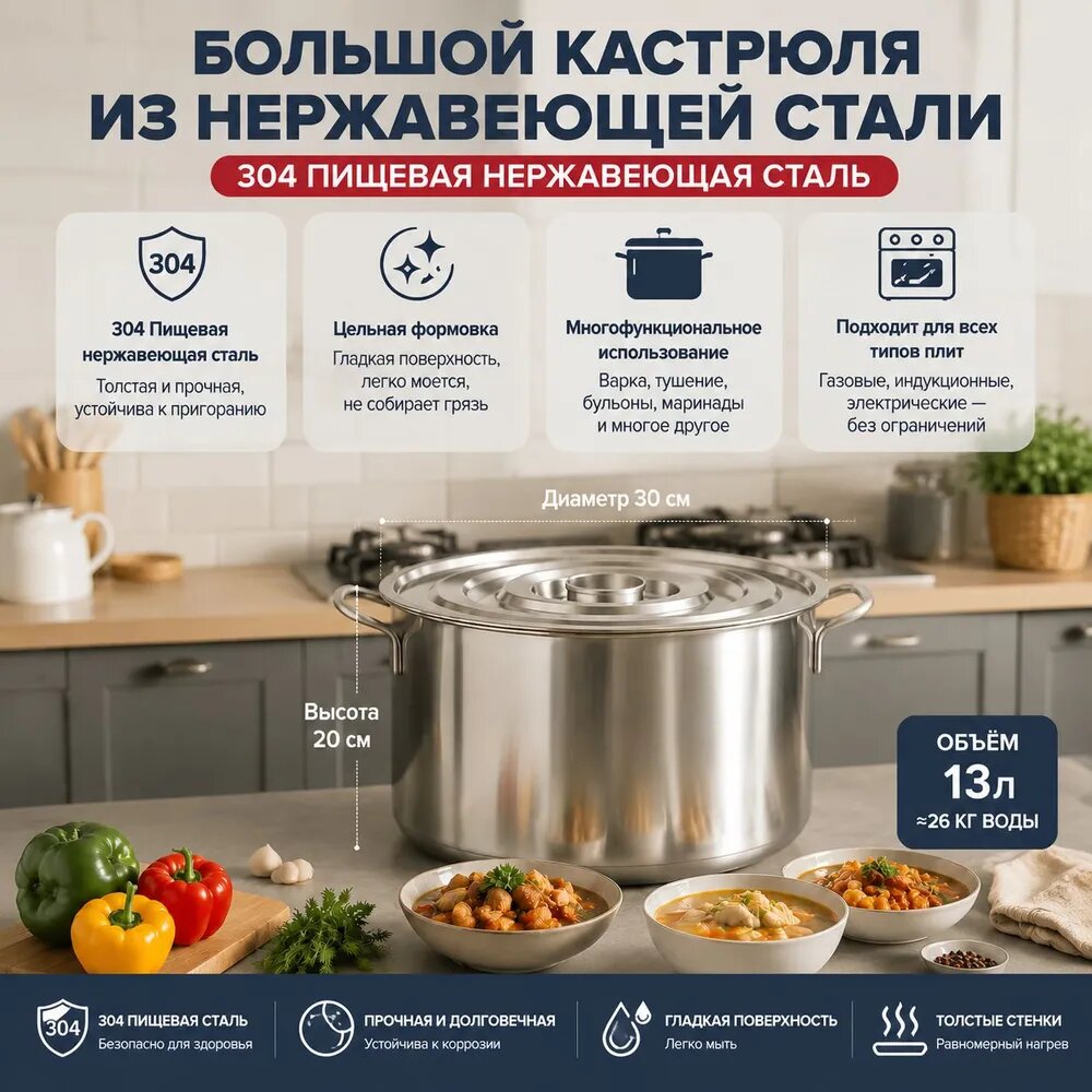 Термокастрюля 13 л 1 шт серебристый, стандартная модель серии, стандартный вариант модели