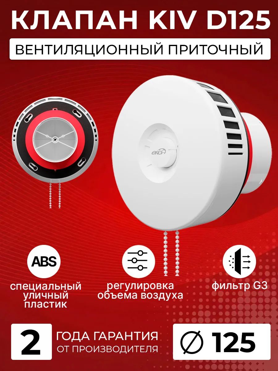 Приточный клапан стеновой с фильтром G3 КИВ 125 мм, оголовок