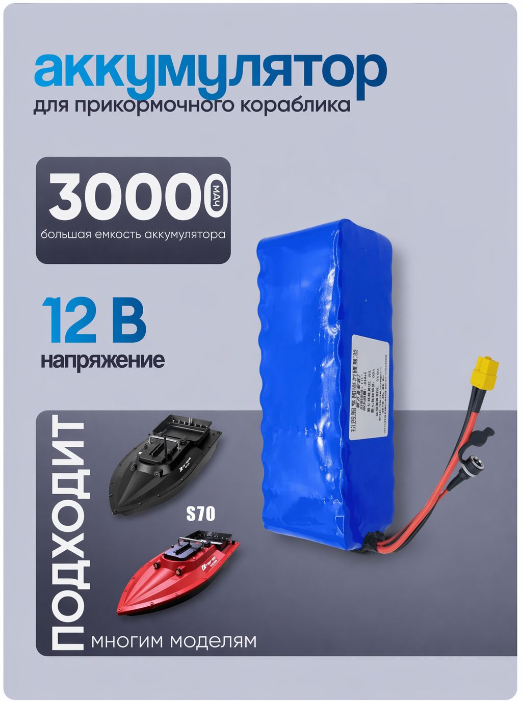Аккумулятор для прикормочного кораблика S70 , 12В 30000 мАч