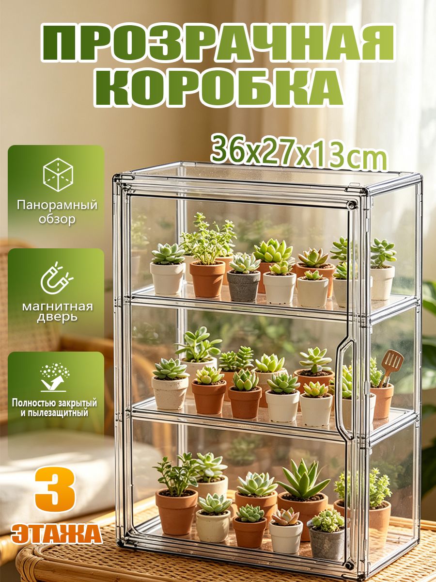Парник для рассады (растений) на подоконник 3 полки, 360х270х130 мм /мини-тепличка для растений пластиковая