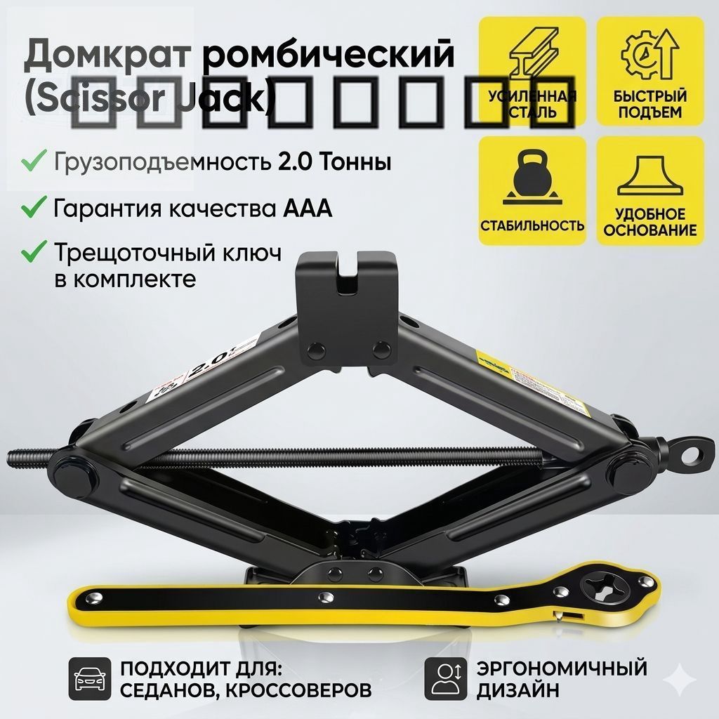 Домкрат автомобильный ромбический 2 т, 105–440 мм, с трещоточным ключом