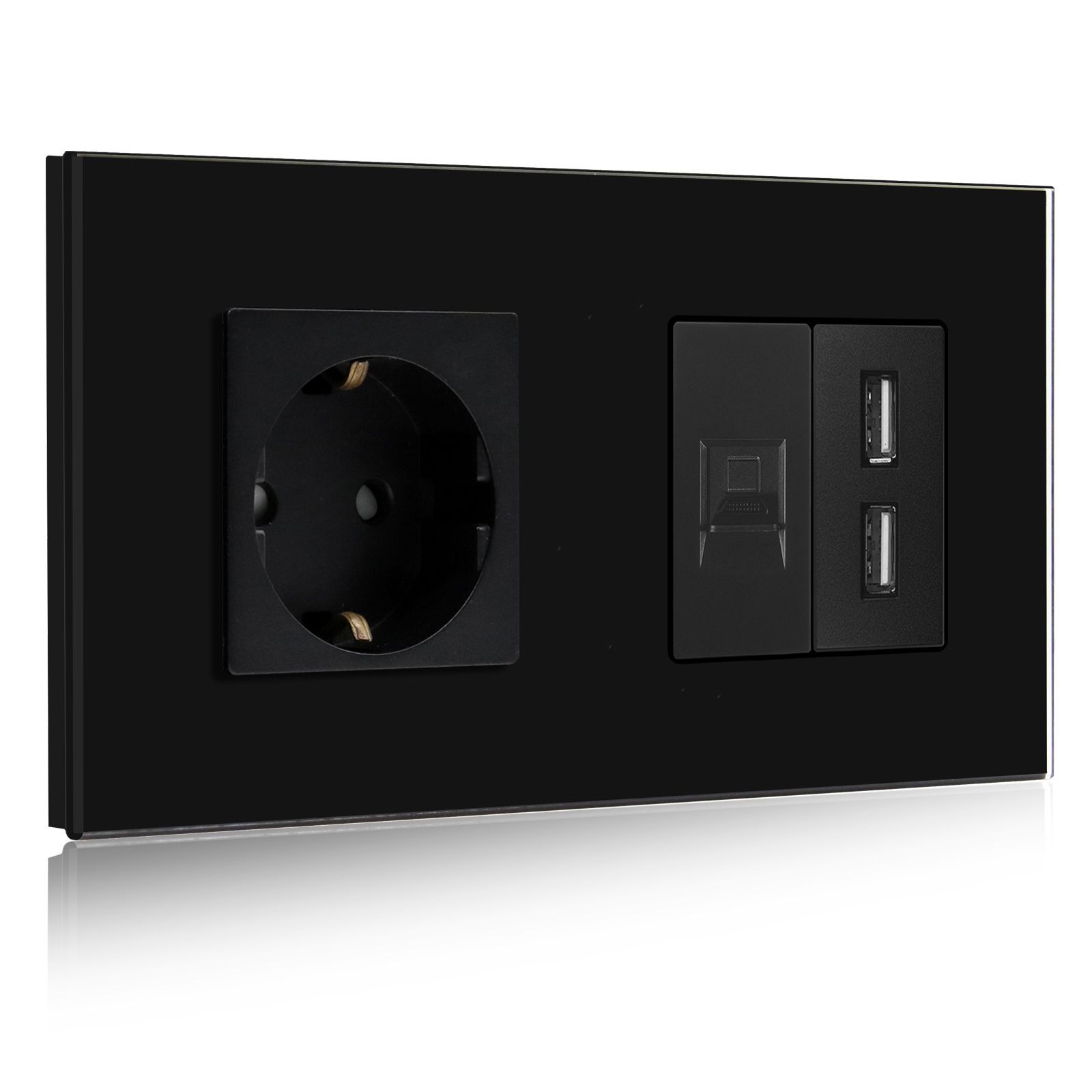 Розетка с комп RJ-45 /2USB, интернет розетка CAT5+USB, рамка стекло Черная