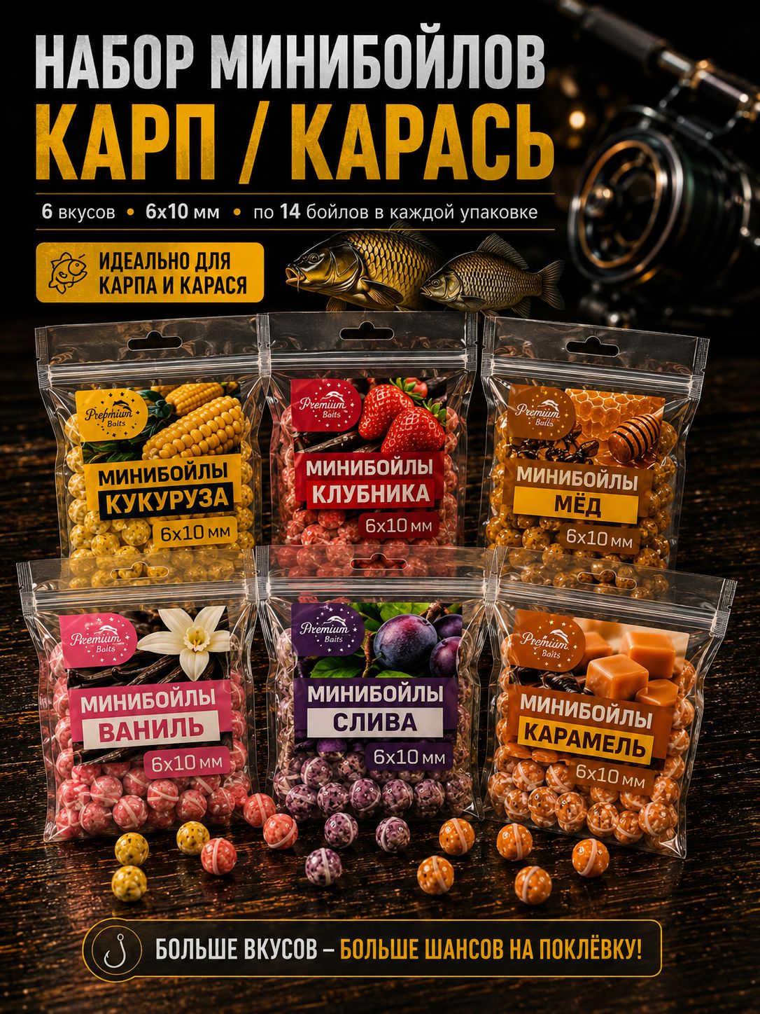 Набор из 6 вкусов: Набор минибойлов для карпа и карася 6 10 мм, 6 вкусов, 84 шт.