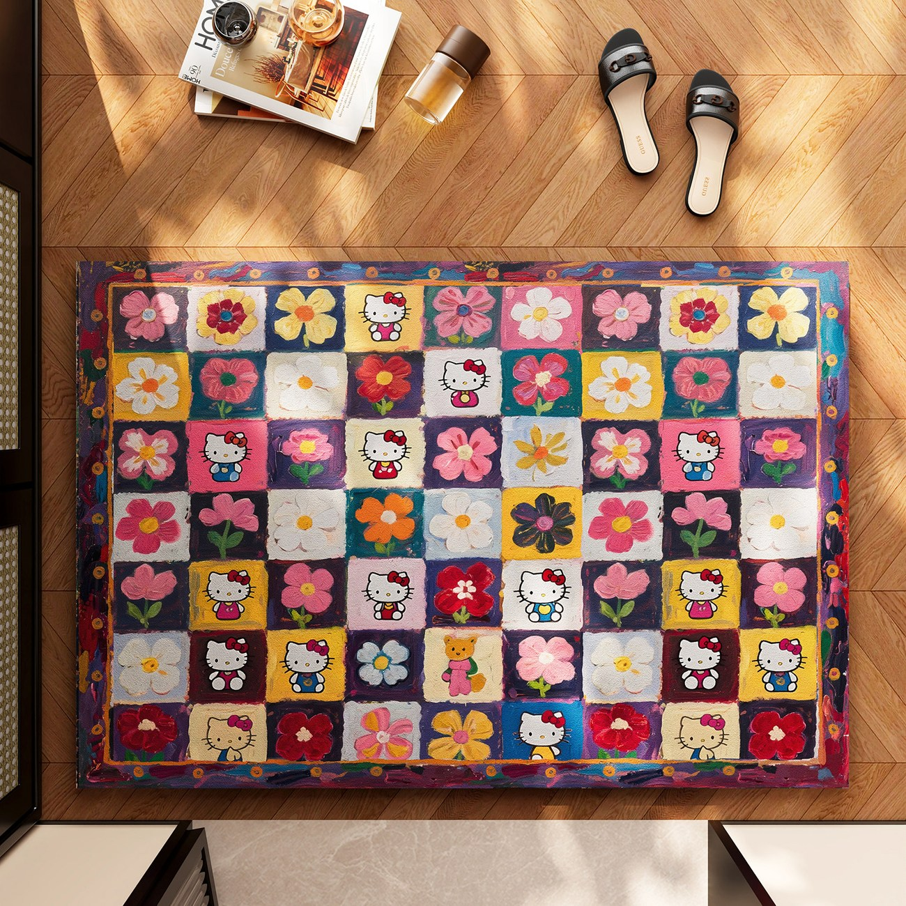Hello Kitty Коврик для пола, Коврик для входной двери, Цветные квадраты, 50x80 cm