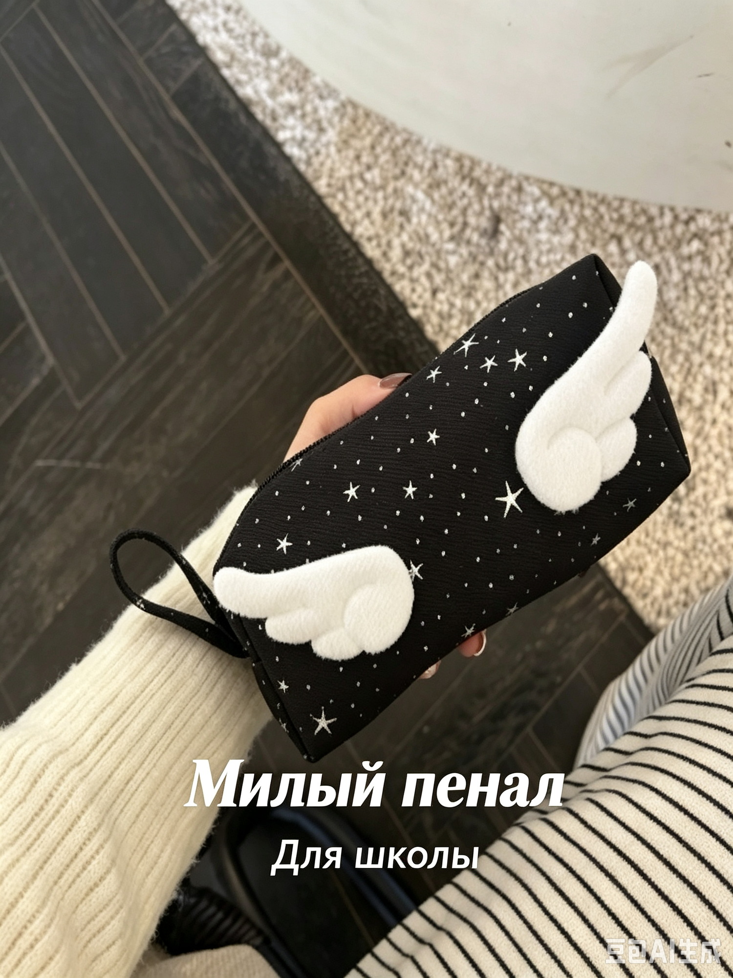 Пенал для школы с объемными ангельскими крыльями, черный со звездами‑для девочек, мягкий текстильный