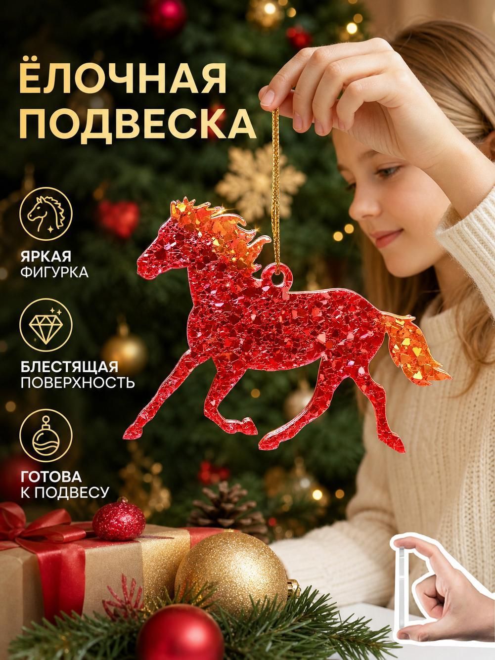 Елочная игрушка-подвеска из акрила Коняшка с блестками (8x8 см)