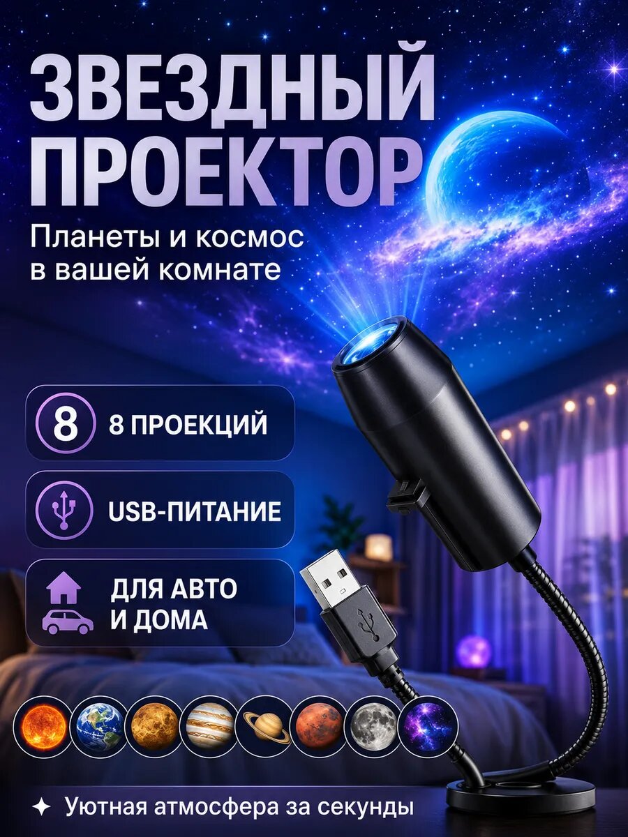 Ночник проектор светильник круглый светодиодный