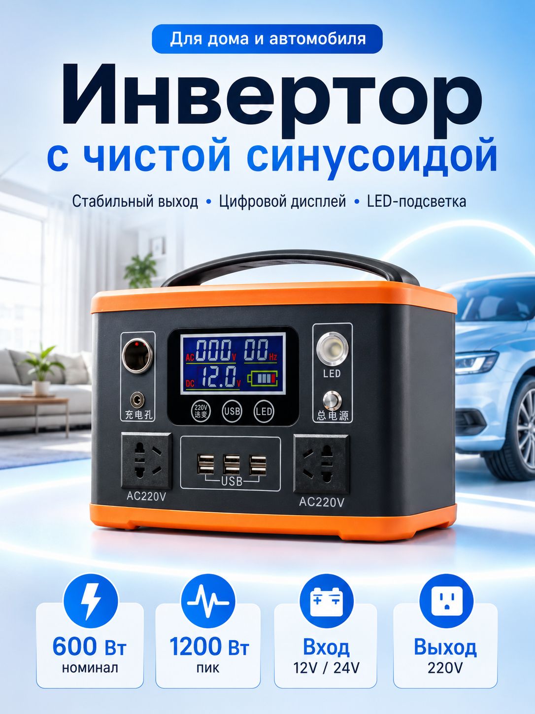 Домашний автомобильный синусоидальный инвертор питания 600 Вт