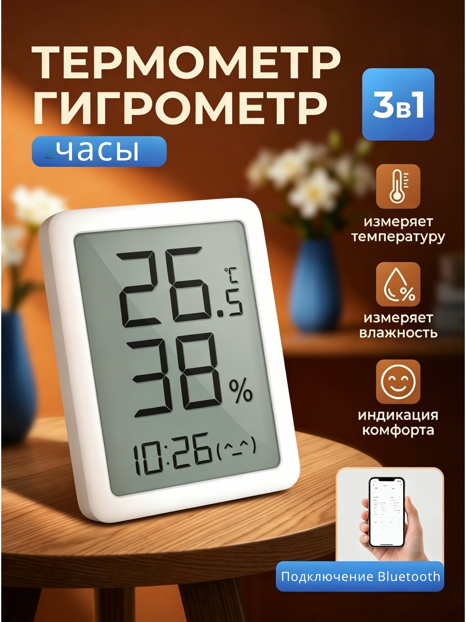 Термометр и гигрометр для дома, цифровой, с большим LCD-дисплеем, часами и индикатором комфорта, компактный, для спальни, детской комнаты, офиса