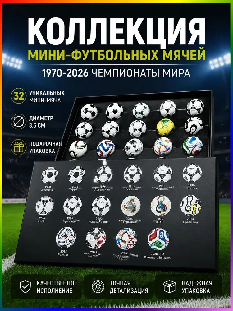 Набор сувенирных мини-мячей в подарочной коробке 1970-2026, коллекционный комплект футбольных мячей для болельщиков и фанатов