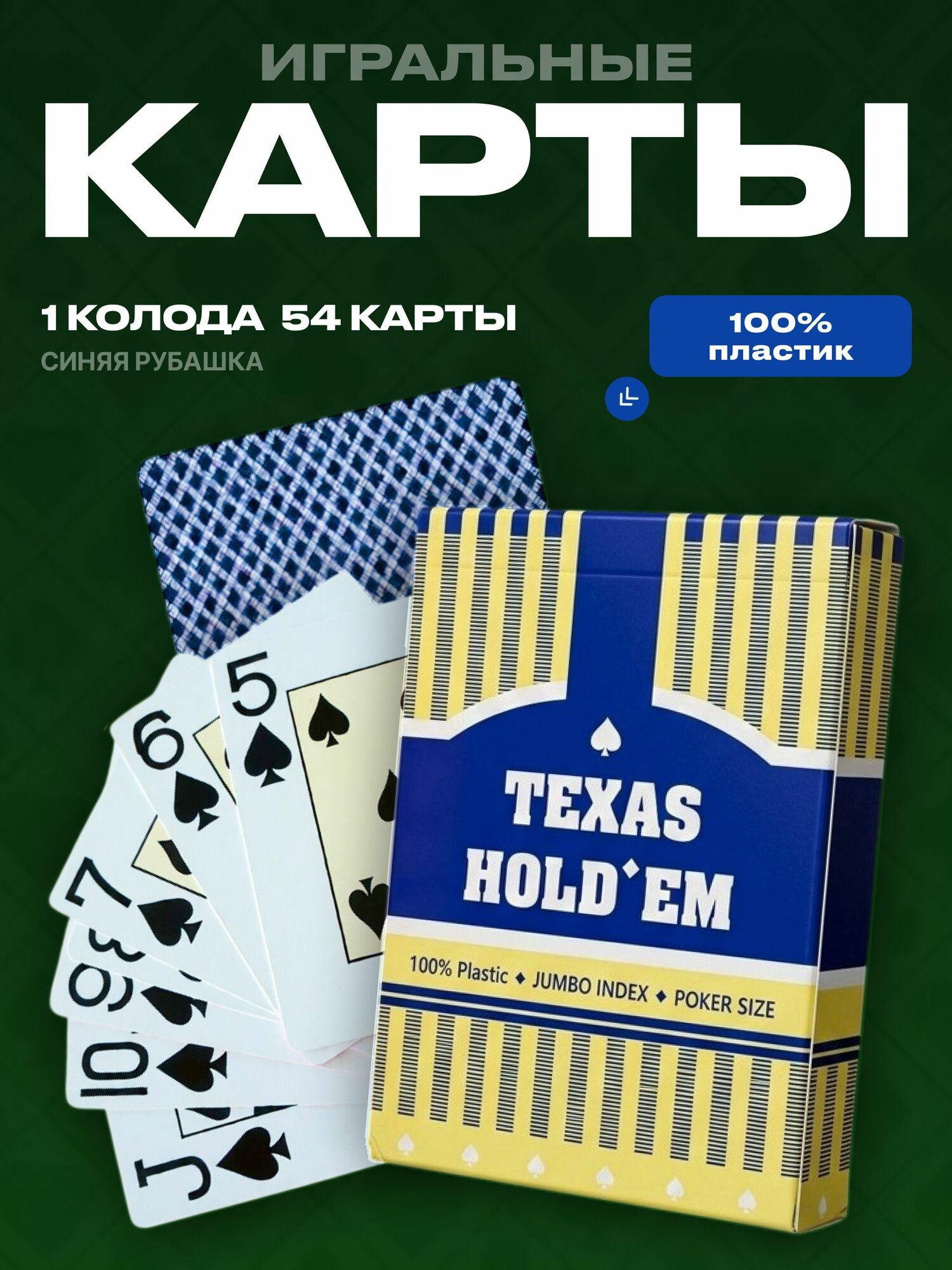 Карты игральные пластиковые для покера 54 шт синие