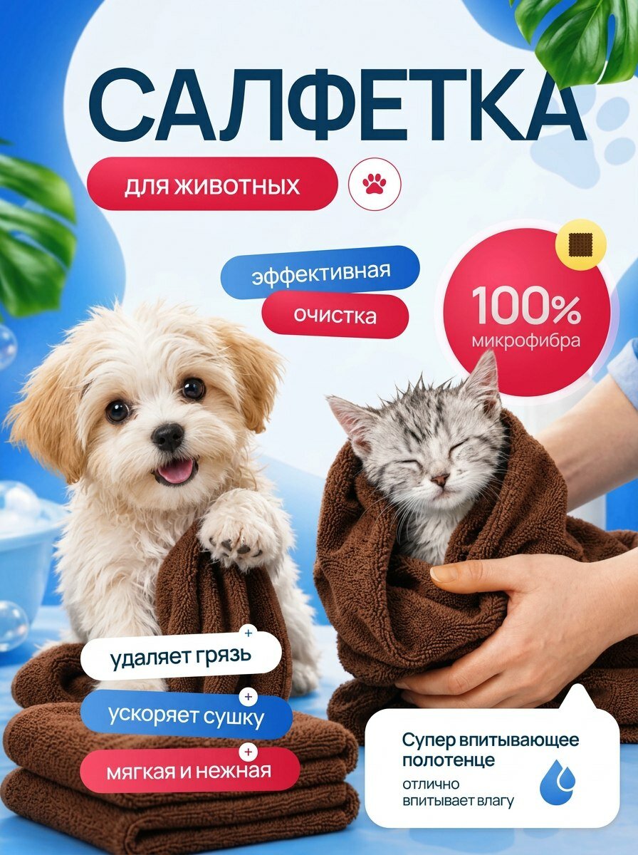 Салфетка для животных из микрофибры Экобум, коричневая, 30х30см, 1шт