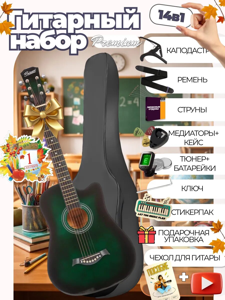 Гитара акустическая 38" 7/8 (набор 14 в 1) BC3810 GR FULL