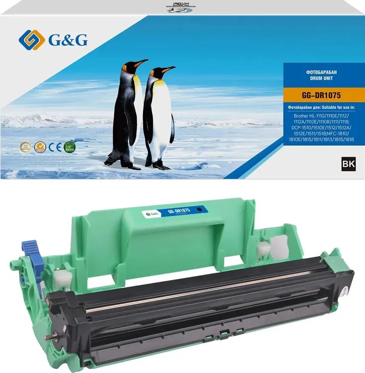 Блок фотобарабана G&G GG-DR1075 DR-1050/DR-1060/DR-1070/DR-1000 черный ч/б 10000стр. для HL-1110/1110E/1112/1112A/1112E/1110R/1111/1118 DCP-1510/1510E/1512/1512A/1512E/1511/1518 MFC-1810/1810E/1815/1811/1813/1815/1818