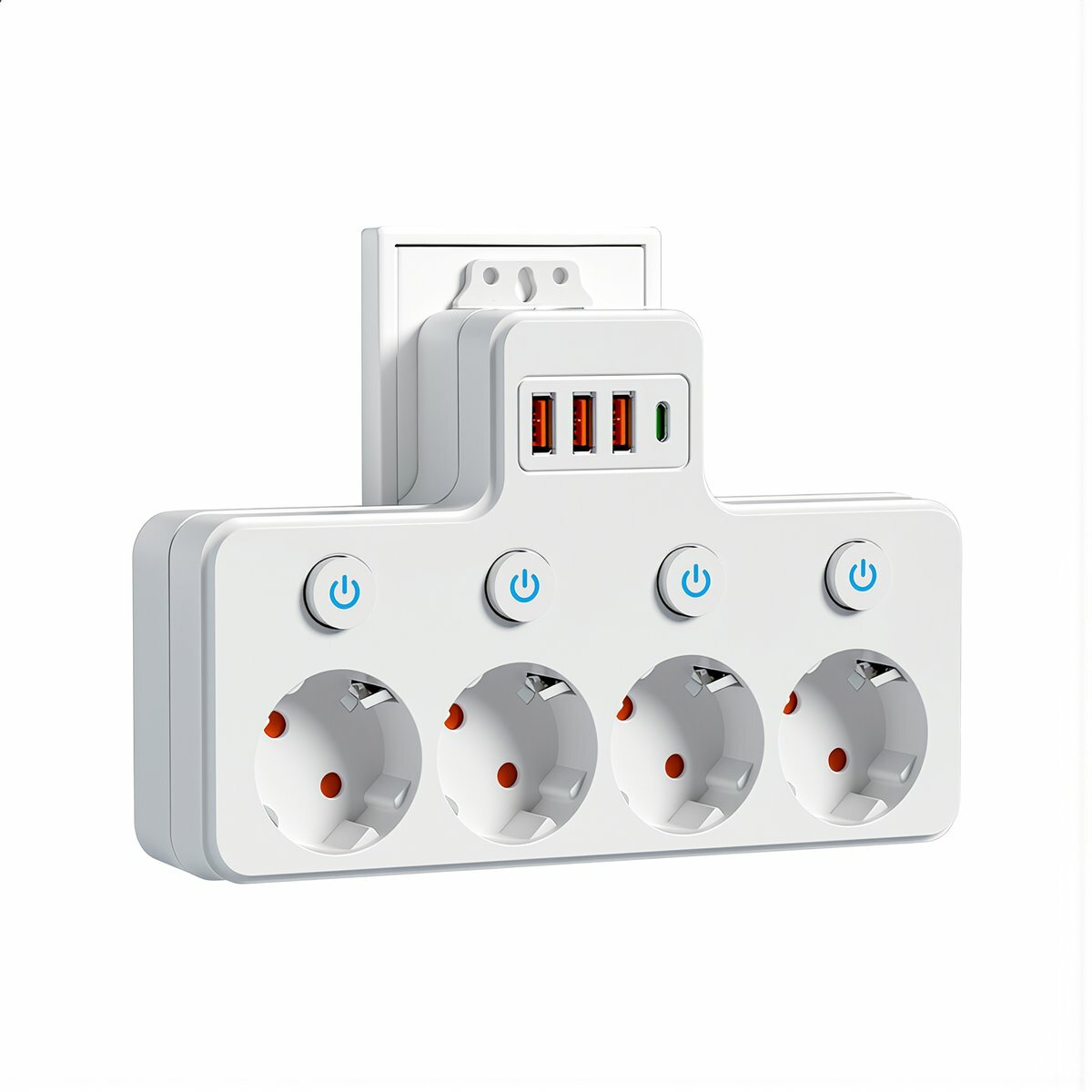 Удлинитель сетевой евростандарт на 3 розетки с 3 портами USB и 1 портом Type-C, отдельные выключатели 2500 Вт для дома, OG04U, 4 розетки + беспроводной + раздельное управление, 3USB+1Type-C, 8 отверст