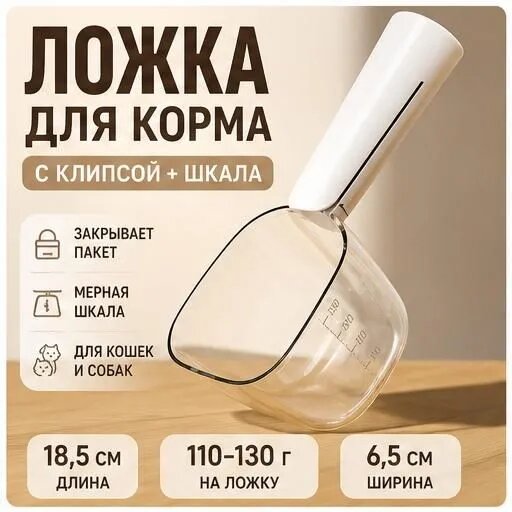 Ложка для корма кошек и собак с мерной шкалой, совок для корма с зажимом для пакетов