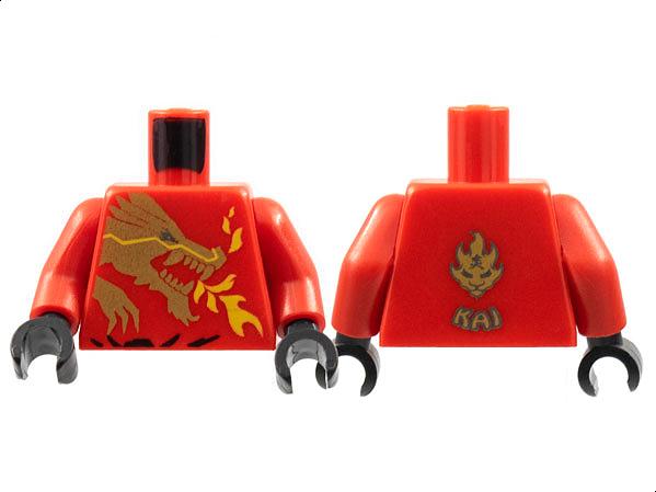Деталь Lego 973pb0833c01 Torso Ninjago Gold Dragon Head and Flames Front and 'KAI' Back Pattern / Red Arms / Black Hands