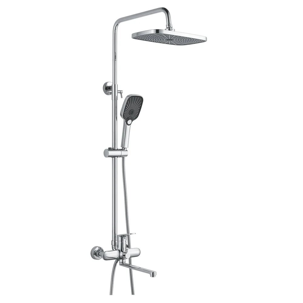 Душевая стойка Raffine F3685 со смесителем, хром, глянцевая, душевая система с тропическим душем, с изливом, с лейкой, латунная, рычаг сбоку
