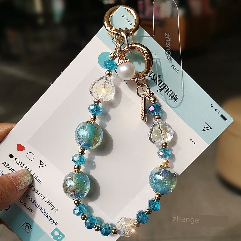 Серьги с звездными бусинами и сердечным кристаллом, синяя, короткая модель для мобильного телефона и запястья