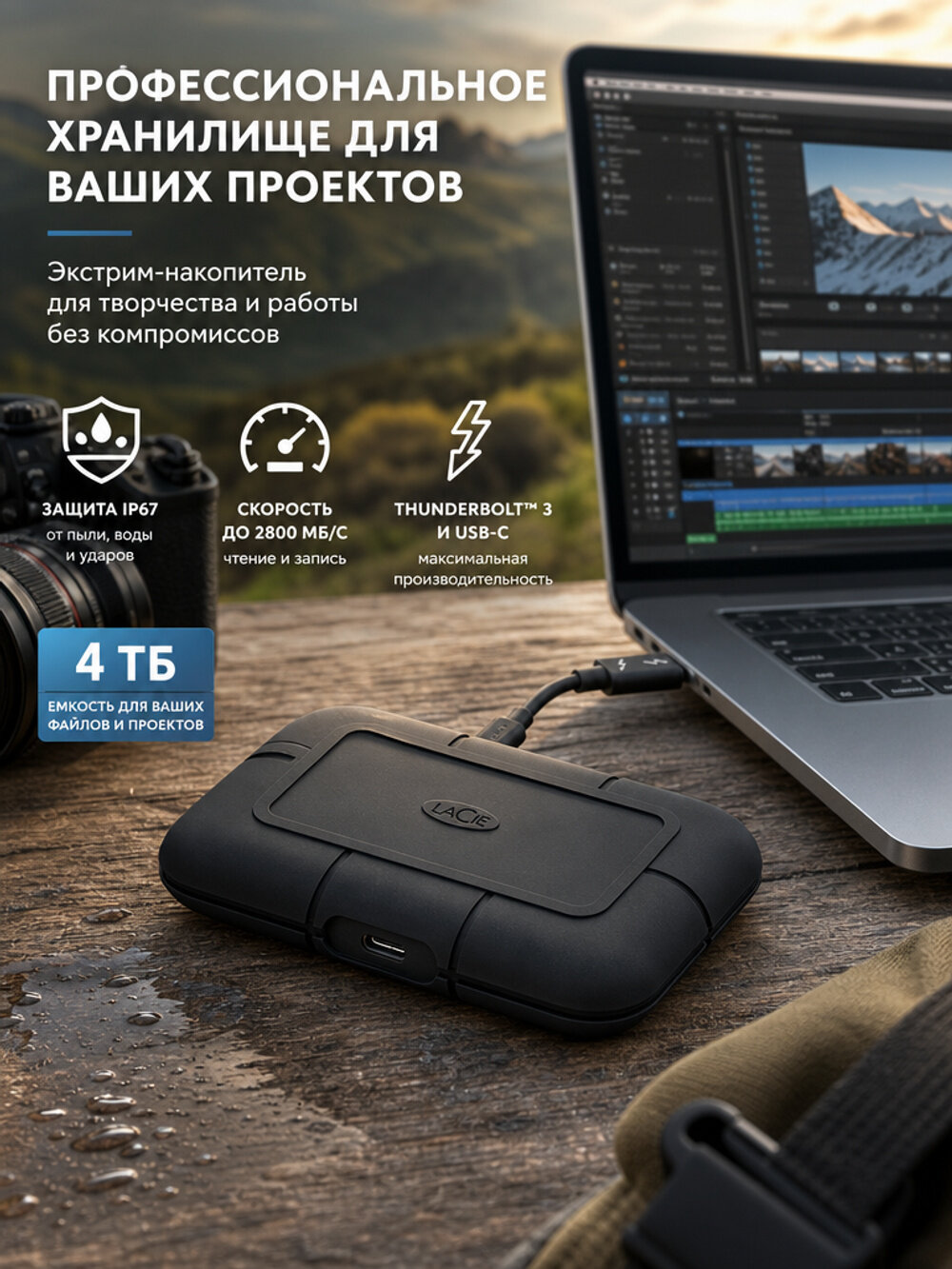 Внешний твердотельный накопитель 4 ТБ с Thunderbolt 3, USB-C и защитой от пыли, влаги и ударов