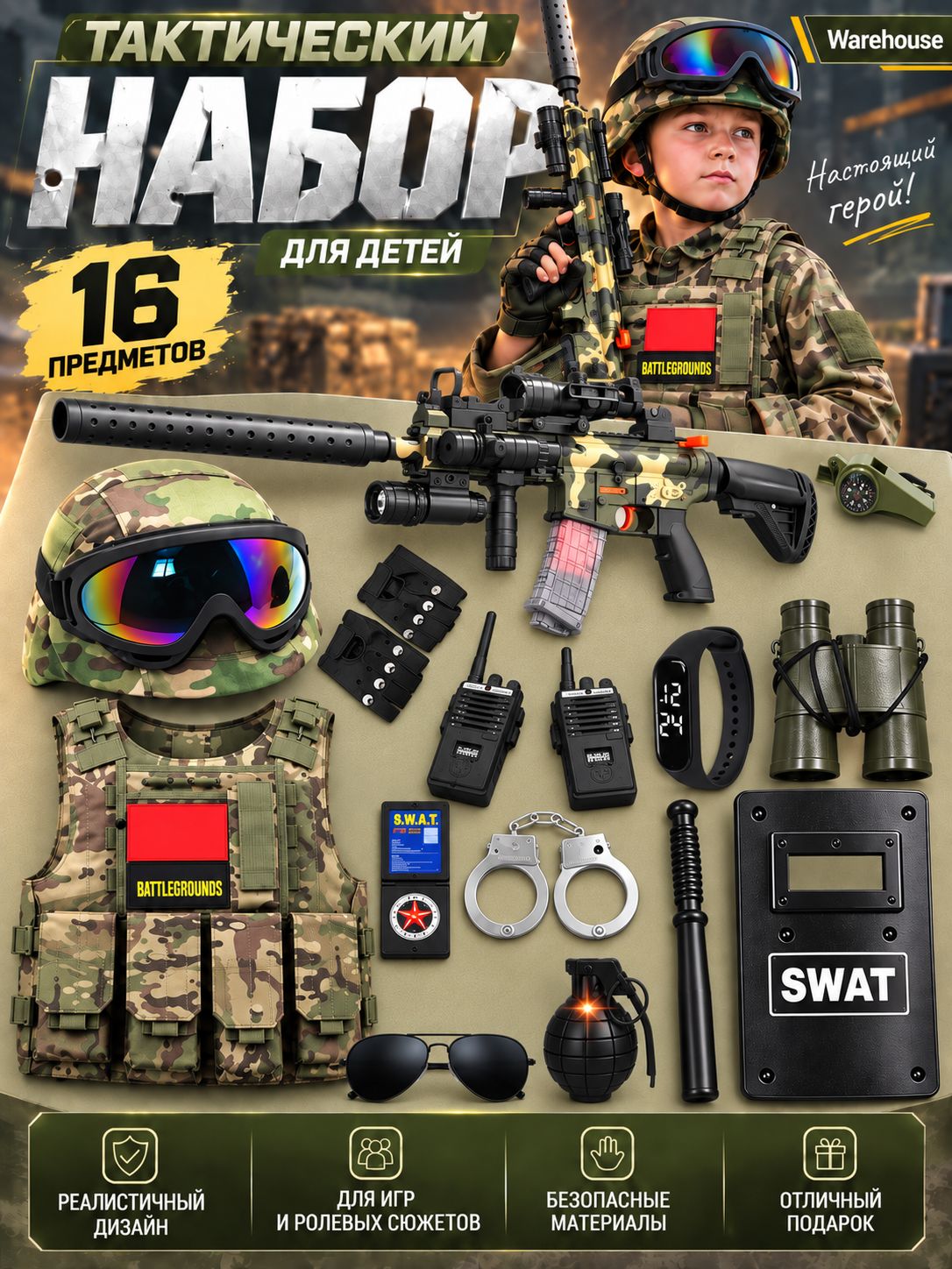 Детский набор игрушечного оружия Полный комплект экипировки спецназа для детей с игрушечным оружием, костюм для мальчиков 6-9 лет 16 шт.