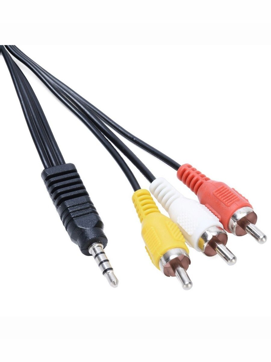 Кабель 3.5 Jack (4 pin) AV на 3RCA (тюльпаны) 1.5 м, длина разъема 17 мм (длинный)