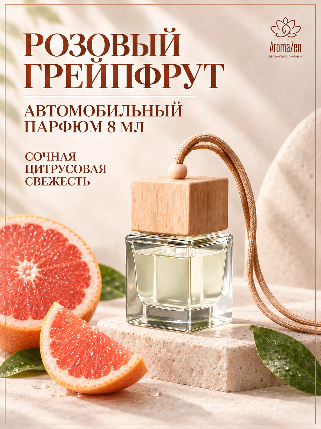 AromaZen Ароматизатор в машину Розовыйгрейпфрут, стойкий парфюм в авто 8мл