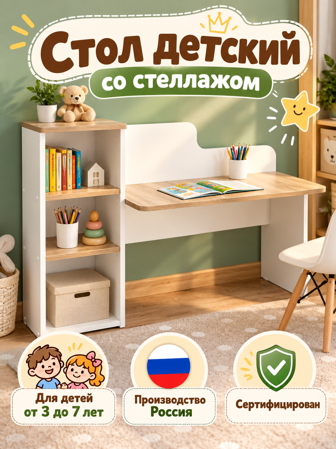 Стол детский с одним стеллажом белый, дуб сонома Sitstep