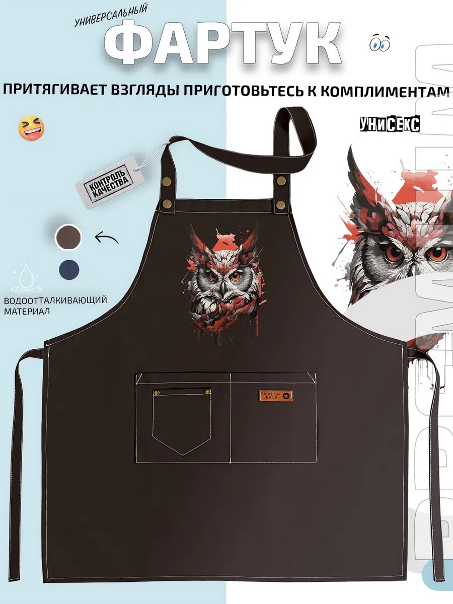 Фартук Сова Owl арт с красными акцентами и выразительными кухонный с принтом универсальный