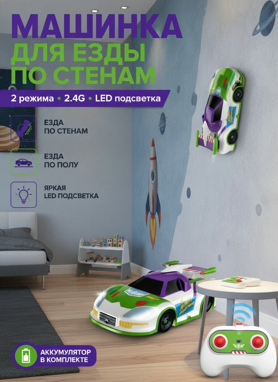 Радиоуправляемая антигравитационная машинка 2.4G с LED подсветкой и вращением на 360 градусов, Ездит по стенам и потолку