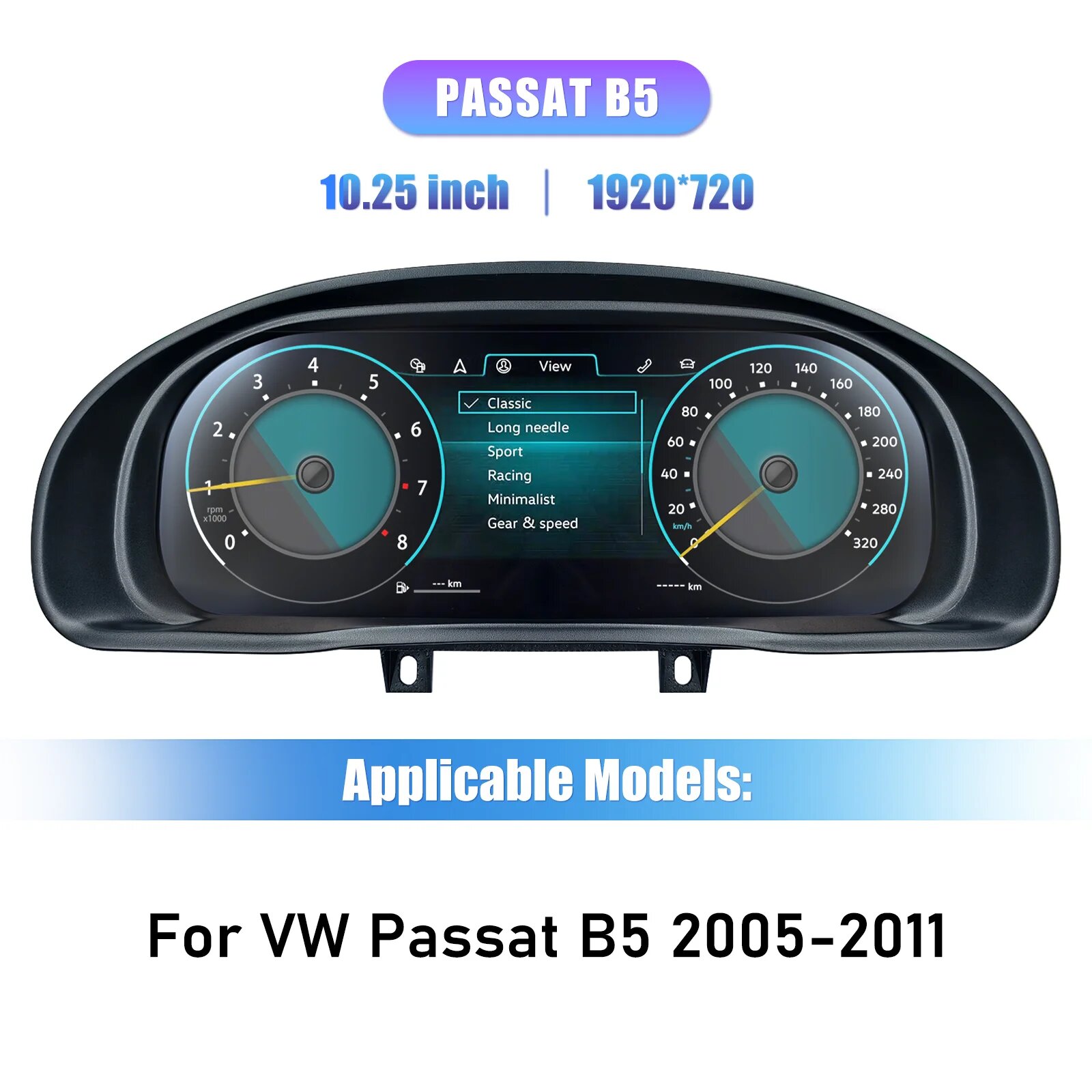 Цифровая приборная панель Navidigital 12.3' с LCD-дисплеем для VW Passat B5 B5.5 1996-2006 годов выпуска, поддерживает CarPlay и функции HDMI.