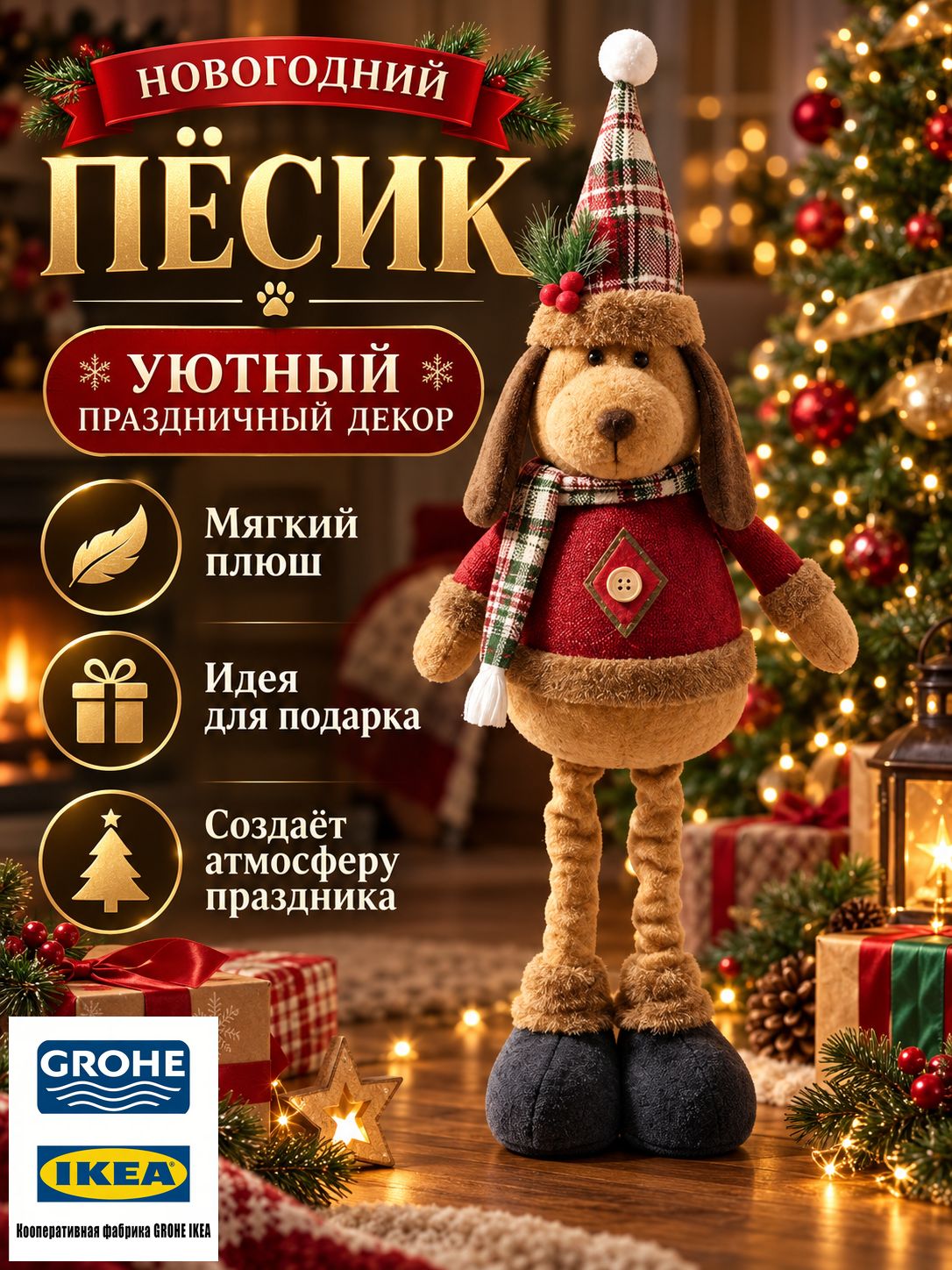 Новогодний телескопический пёсик 44‑59 см, плюшевая фигурка, декор и подарок на Новый год