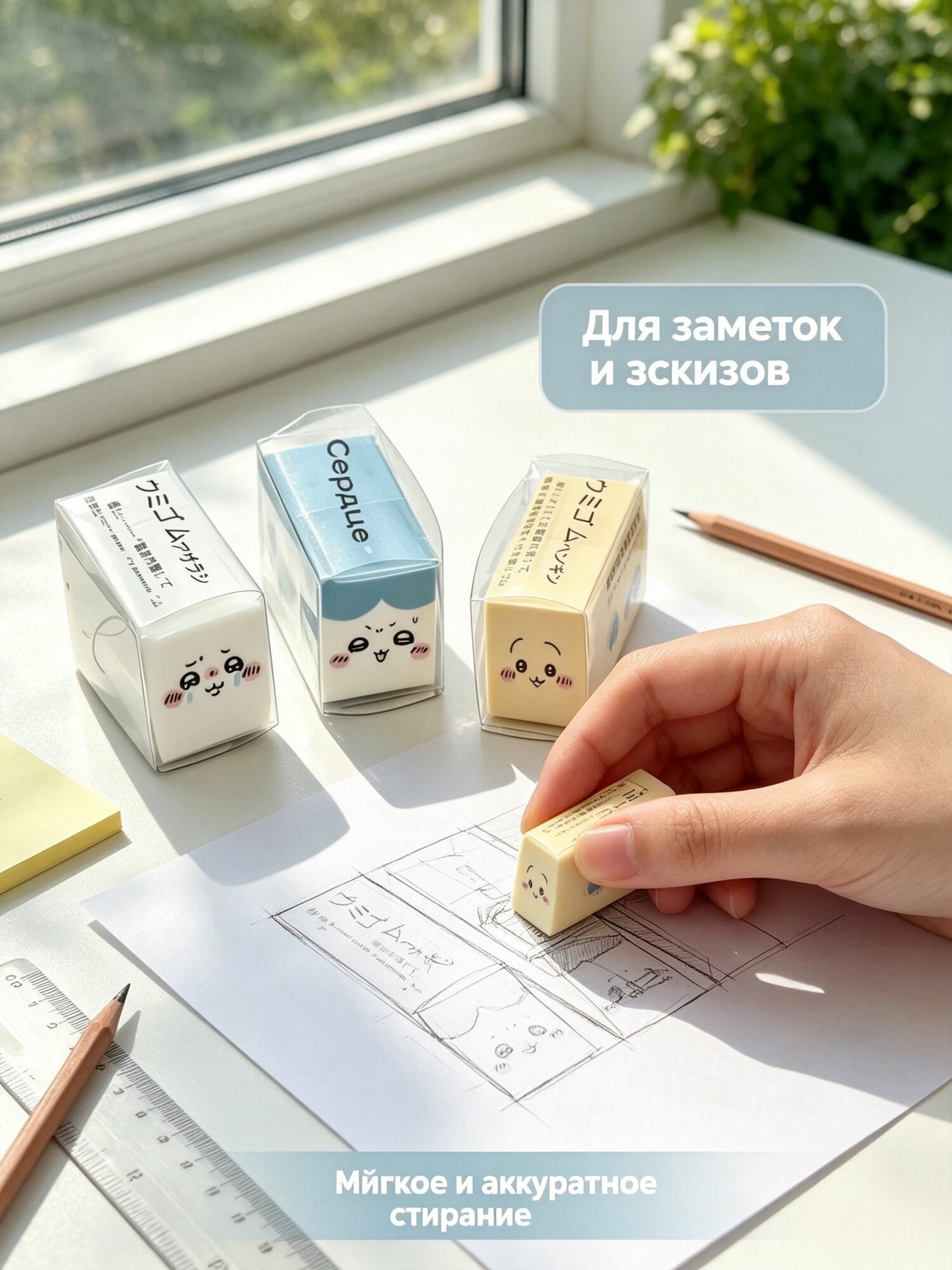 Chiikawa, ластик, милый, 3 шт, Артикул: 5211274085, Материал: Каучук